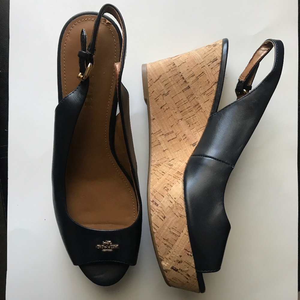 Coach Leather Slingback Wedge Sandal. Navy Blue. Size… - Gem